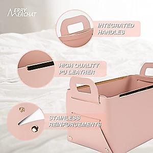 Foldable Storage Bins for Table and Desktop, Fancy Indoor Decorative Leatheroid Storage Basket Tray Collapsible Ideal for Keys Remote Cellphone Notes DVD, Pink