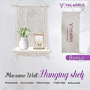 VALAGRUS Macrame Wall Hanging Shelves, Boho Room Decor, Rope Shelf with Handmade Woven Rope 2 Coasters, Wooden Hanging Shelves for Bedroom, Bathroom, Living Room Kitchen, Photo Frames, Small Plants.