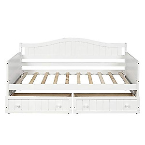 DHHU Wood Platform Bed/Twin Wooden Daybed with 2 Drawers/Wood Slat Support/White