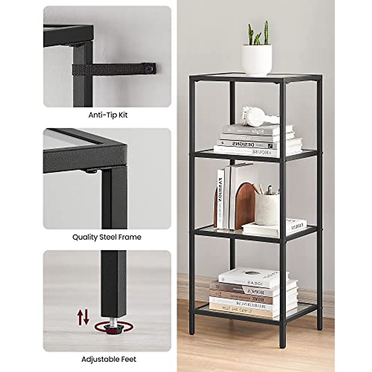 VASAGLE Bookcase, 4-Tier Bookshelf, Slim Shelving Unit for Bedroom, Bathroom, Home Office, Tempered Glass, Steel Frame, Black ULGT028B61