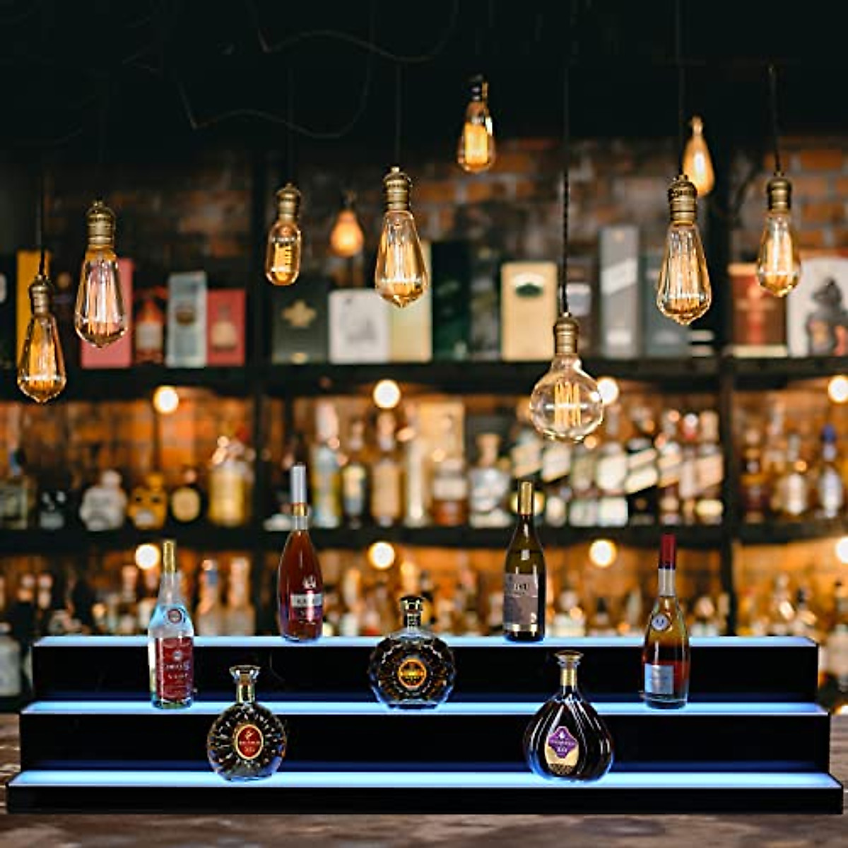 ROVSUN 3 Step 60 Inch LED Lighted Liquor Bottle Display Shelf with Remote Control, Acrylic Illuminated Bar Shelves Lighted Drinks Lighting Shelves for Liquor Bottles Commercial Home Bar Accessories