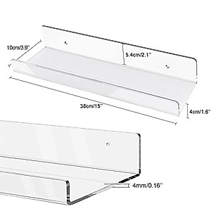 MAJOYLIFE 15 Inch Acrylic Floating Shelves,Clear Wall Mounted Book Shelf,Hanging Display Shelf for Bedroom Bathroom Living Room Office,Drilled and Self Adhesive (1 Pack)