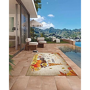 Outdoor Area Rug for Patio,Thanksgiving Fall Gnome Pumpkin Sunflowers Camping Rugs Indoor Large Floor Mat 4x6ft,Autumn Maple Retro Letters Outside Carpet for Deck RV Picnic Porch Backyard Bedroom