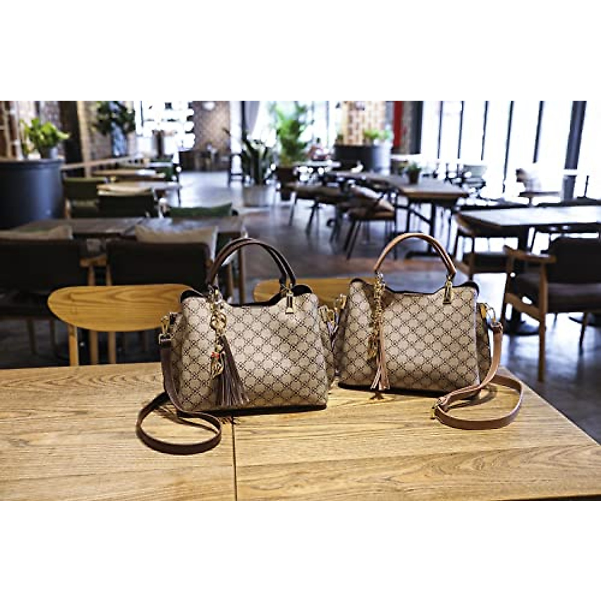 Eightown Beige Tote Bag for Women - Designer Top Handle Bag with Flowers Printing - High-capacity Shoulder Purse with Tassel Pendant(Brown strap)