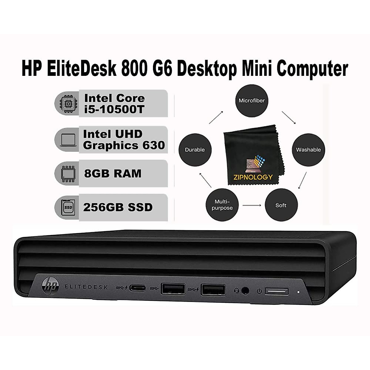 HP EliteDesk 800 G6 Desktop Mini Computer - 10th Gen Intel Core i5-10500T - 256 GB SSD - 8 GB RAM - Intel UHD Graphics 630 - Windows 10 Pro 64-Bit + Microfiber Screen Cleaning Cloth Bundle - New