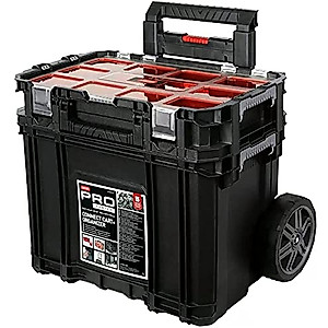 Keter Mobile Hawk Cart and Stackable Tool Box System and Organizer with Telescopic Comfort Grip Handle - Perfect Organization and Storage Chest for Power Drill, Tape Measure, and Small Parts