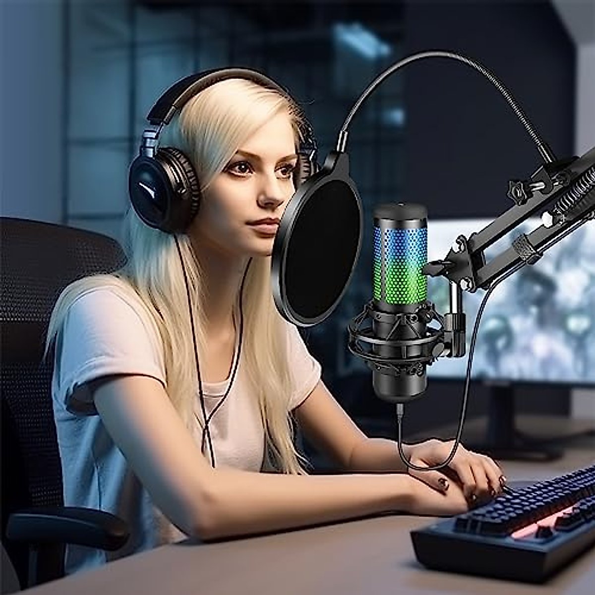 Aokeo Professional Microphone Pop Filter Mask Shield • For Blue Yeti and Any Other Microphone • Mic Dual Layered Wind Pop Screen • With A Flexible 360° Gooseneck Clip Stabilizing Arm