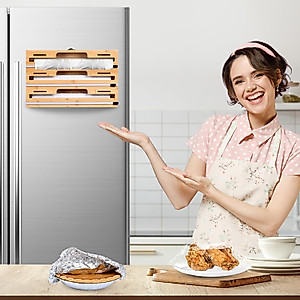 Allinside Magnetic Plastic Wrap Dispenser with Cutter, 3 in 1 Refrigerator Bamboo Wood Organizer for Tin Foil, Baking Paper, Wax Paper Holder Kitchen Storage Box Compatible with 12.9" Roll (3 Tier)