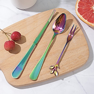 [9-Pack] Grapefruit Spoons and Grapefruit Knife Set, With 4 Stainless Steel Serrated Spoon and 1 Serrated Knife and 4 Dessert Forks, Rainbow Color