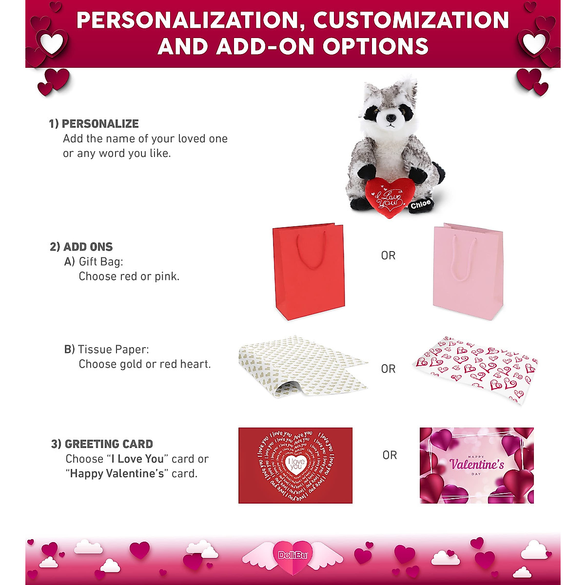 DolliBu I Love You Valentine Plush Raccoon - Cute Stuffed Animal with Red Heart and Name Personalization Gift for Valentines Day, Birthday, Anniversary, Romantic Date - 9 Inches