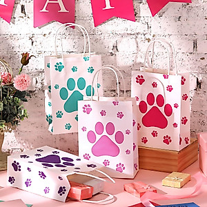 Resurhang 24 Pcs Paw Print Gift Bags with Handle Paper Treat Goodie Dog Gift Bags Dog Birthday Party Favors for Girl Boy Baby Shower, 8.2 x 6 x 3 Inches(Light Pink, Rose Pink, Teal, Purple)