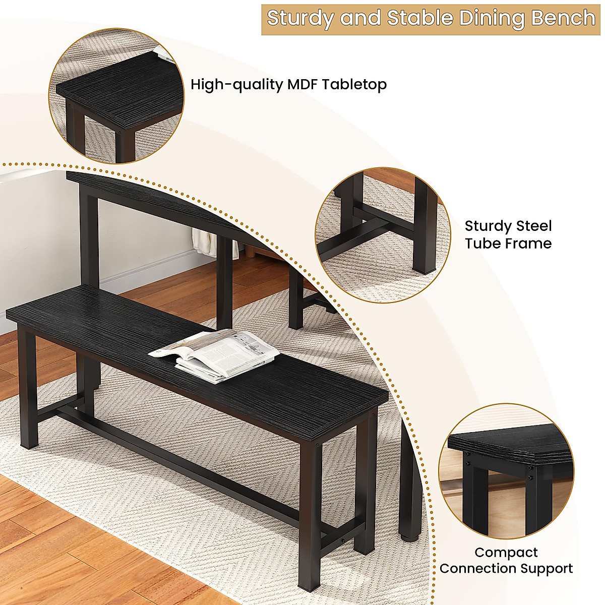 DKLGG Dining Benches, 39 Inch Kitchen Bench, Pair of 2 for Living Room, Bedroom, Industrial Entryway Bench Dining Room Benches with Metal Legs, Durable and Stable