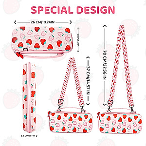 FANPL Pink Carry Case Bundle for Nintendo Switch, Cute Case Accessories Set for Switch with Hard Travel Case, Soft TPU cover, Adjustable Strap, Screen Protector, Thumb Grip Caps (Cute Pink Strawberry)