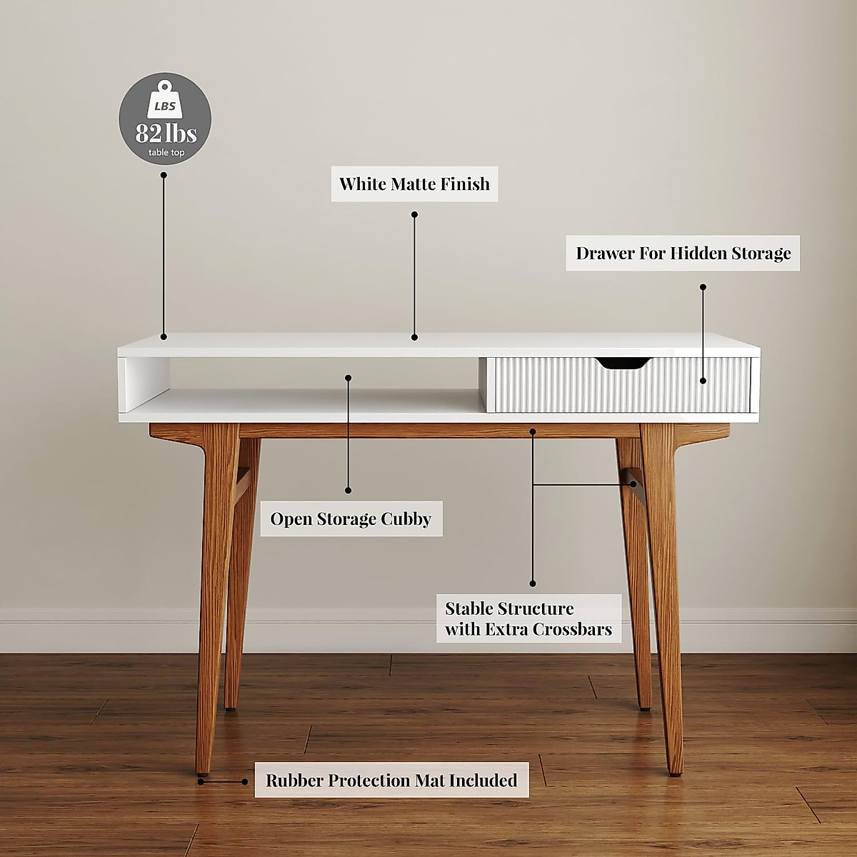 Longcoam Design White Computer Desk with Drawers - 45 inch Minimalist Small Solid Wood Mid-Century Modern Office Desk for Home - Boho Style Writing Table with Open Storage,Light Wooden Desk Workspace