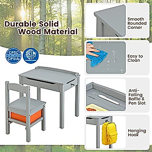 HONEY JOY Kids Table and Chair Set, Wooden Lift-Top Desk & Chair with Storage, Safe Hinged Lid, Activity Table Set for Craft Art, 2-Piece Children Furniture Set for Daycare, Kindergarten (Gray)