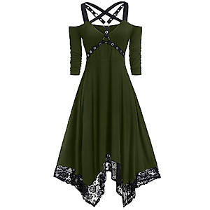 F_Gotal Womens Costume Dress Plus Size Vintage Cold Shoulder Strap Long Sleeve Gothic Mini Dress Cosplay Retro Gown Green