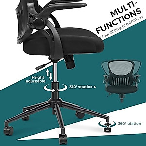 SMUG Office Computer Gaming Desk Chair, Ergonomic Mid-Back Mesh Rolling Work Swivel Chairs with Flip-up Arms, Comfortable Lumbar Support, Comfy Arms for Home, Bedroom, Study, Student, Adults, Black