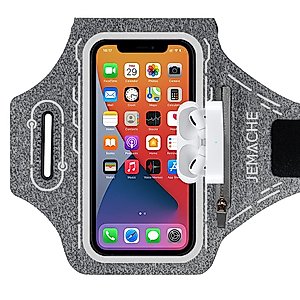 JEMACHE Running Armband for iPhone 15 14 13 12 11 Pro, Samsung Galaxy S24 S23 S22 S21, Gym Workouts Arm Band with Airpods Holder (Grey)