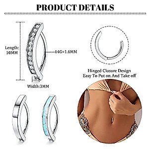 FIBO STEEL 3Pcs 14G Clicker Belly Button Ring for Women Surgical Steel CZ Opal Belly Rings Simple Reverse Navel Rings Belly Piercing Body Jewelry 10MM Silver