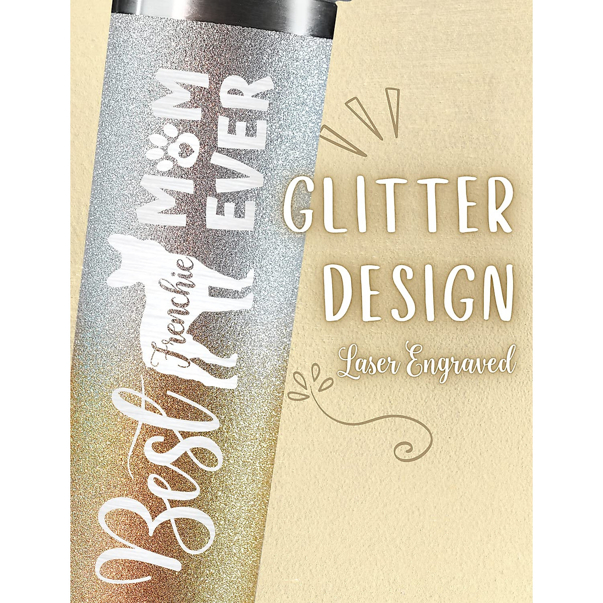 Onebttl French Bulldog Gifts, Frenchie Gifts for Frenchie Mama, 20 oz Glitter Silver-Gold Insulated Tumbler - Frenchie Mom