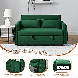 JEEOHEY 3 in 1 Convertible Sleeper Sofa Couch with Pull Out Bed,55" Modern Velvet Sofa Bed with Ajustable Backrest & Side Pocket,Tufted Loveseat Chaise Lounge for Livingroom,Office,Small Palces(Green)