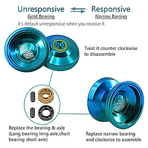 Professional Responsive Yoyo, Aluminum Yo Yo for Kids Beginner, Replacement Unresponsive Ball Bearing for Advanced Yoyo Players + 1 Glove + 5 Yoyo Strings (Blue-Green)