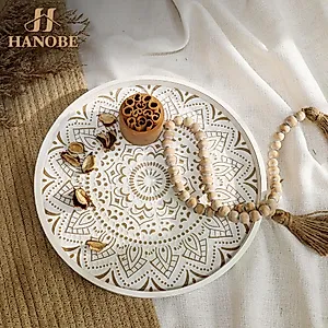 Hanobe Decorative Coffee Table Tray: Round Wood Trays for Boho Home Decor White Farmhouse Rustic Centerpiece for Living Dining Room Ottoman Kitchen Counter 12 Inch