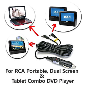 EDO Tech 11 ft Car Charger Power Cord for RCA Single Dual Screen Vehicle Portable DVD Player