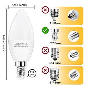 HengBo LED E12 LED Candelabra Bulbs, 60W Equivalent E12 Light Bulbs, C37 Candle Base Chandelier Light Bulbs, Non-Dimmable, Warm White 2700K, Pack of 6