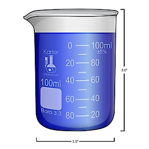 Karter Scientific 214T2, 3.3 Boro, Griffin Low Form, Glass Beaker Set - 4 Sizes - 10ml, 50ml, 100ml, 250ml