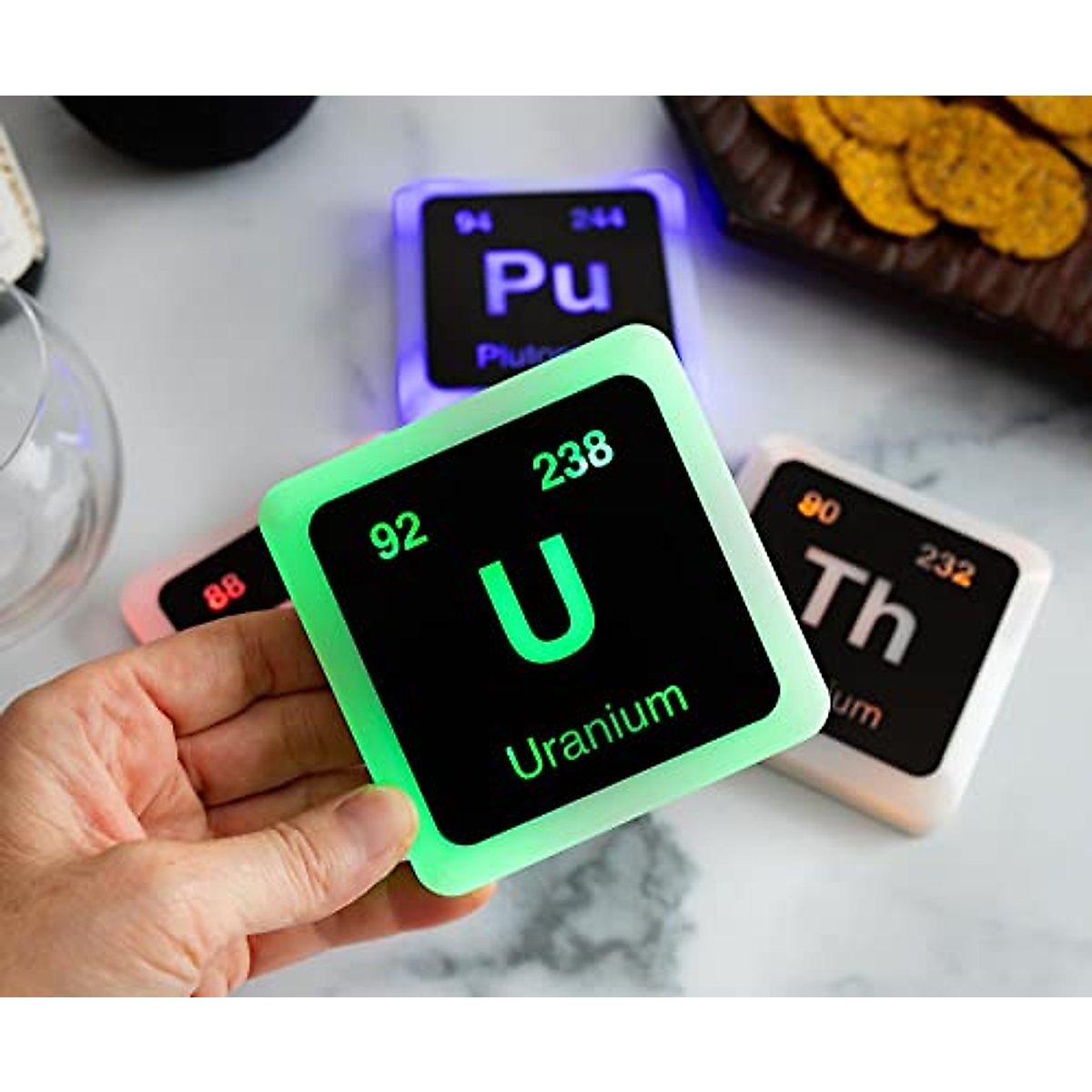 ThinkGeek Radioactive Elements Glowing Coaster Set - Radium, Plutonium, Uranium, and Thorium - Set of 4