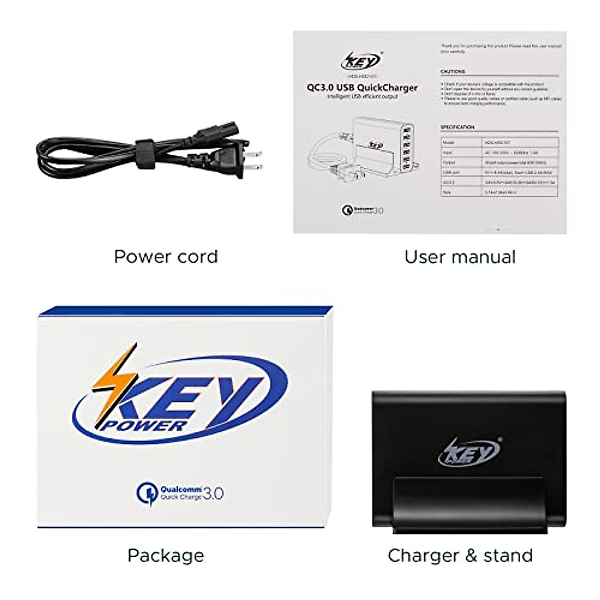 Key Power Quick Charge 3.0 Wall Charger, 60W 6-Port USB Fast Charger Desktop Charging Station for iPhone/PRO MAX/XS Max/XR/X/8/7/Plus, iPad Pro/Air 2/Mini, Galaxy S10/S9/S8/S7/Plus HTC and More