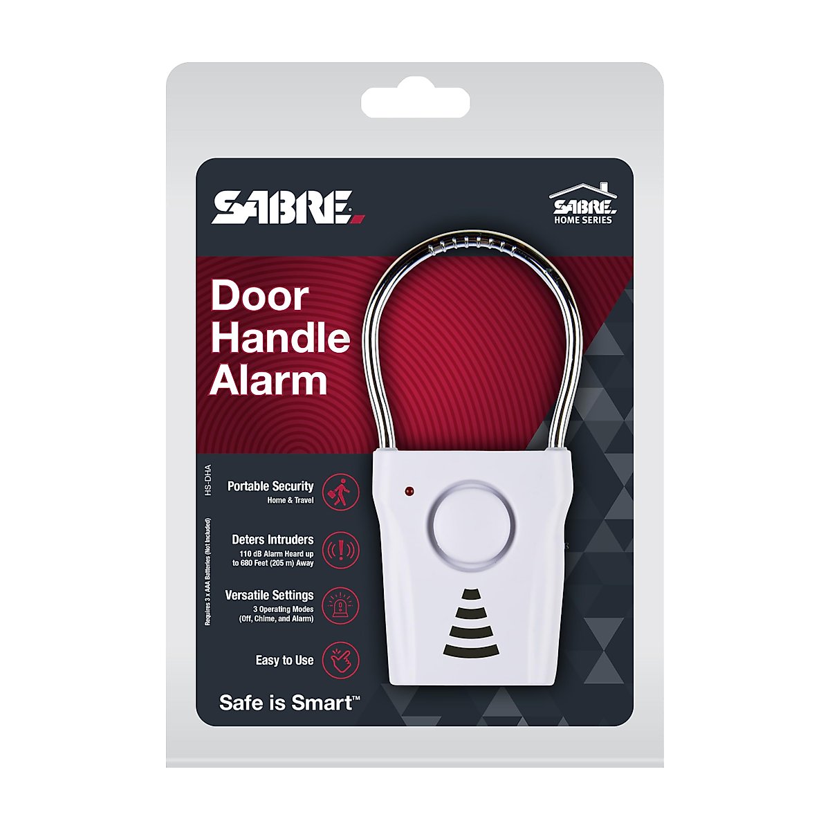 SABRE 110dB Door Handle Alarm, Extremely Loud Wireless Alarm Audible Up To 680 Ft Away, Hangs Off Door Knob or Handle, Vibration-Triggered Home Security Alarm, 3 Adjustable Settings, Great for Travel