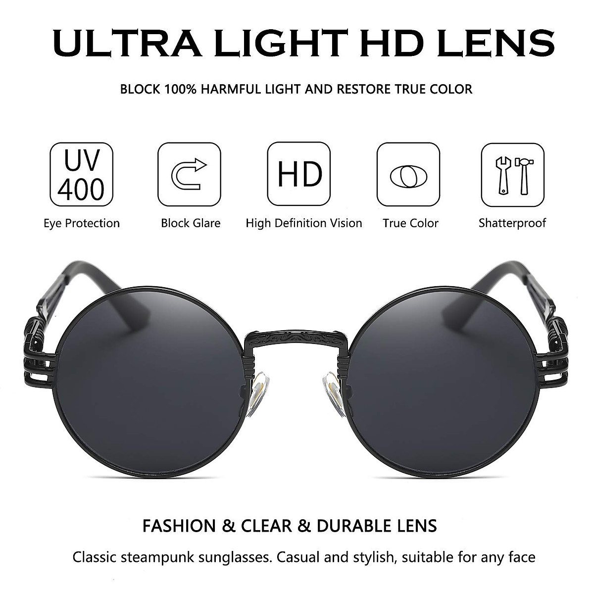 Dollger Black Round Sunglasses Retro Vintage Steampunk Sunglasses for Men