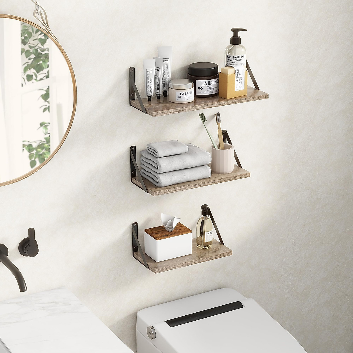 Fun Memories Floating Shelves Wall Mounted Set of 3, 16.5 Inch Natural Wood Wall Shelves, Decor Storage Shelf for Bedroom Bathroom Living Room Office Pictures Plants Books Cats TV (Grey)