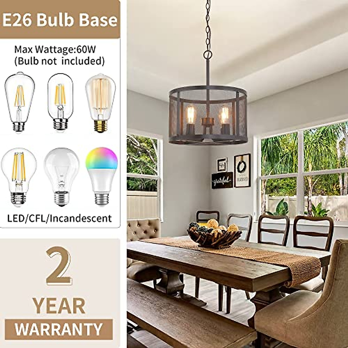 KARMIQI 4-Light Industrial Pendant Light Fixture Bulbs Included, Vintage Farmhouse Black Metal Cage Hanging Ceiling Light, Drum Chandelier with Adjustable Chain for Kitchen Island Dining Room