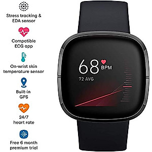 Fitbit Sense Health & Fitness Smartwatch W/ GPS, Bluetooth Call/Text, Heart Rate SpO2, ECG, Skin Temperature & Stress Sensing (S & L Bands, 90 Day Premium Included) International Version (Graphite)