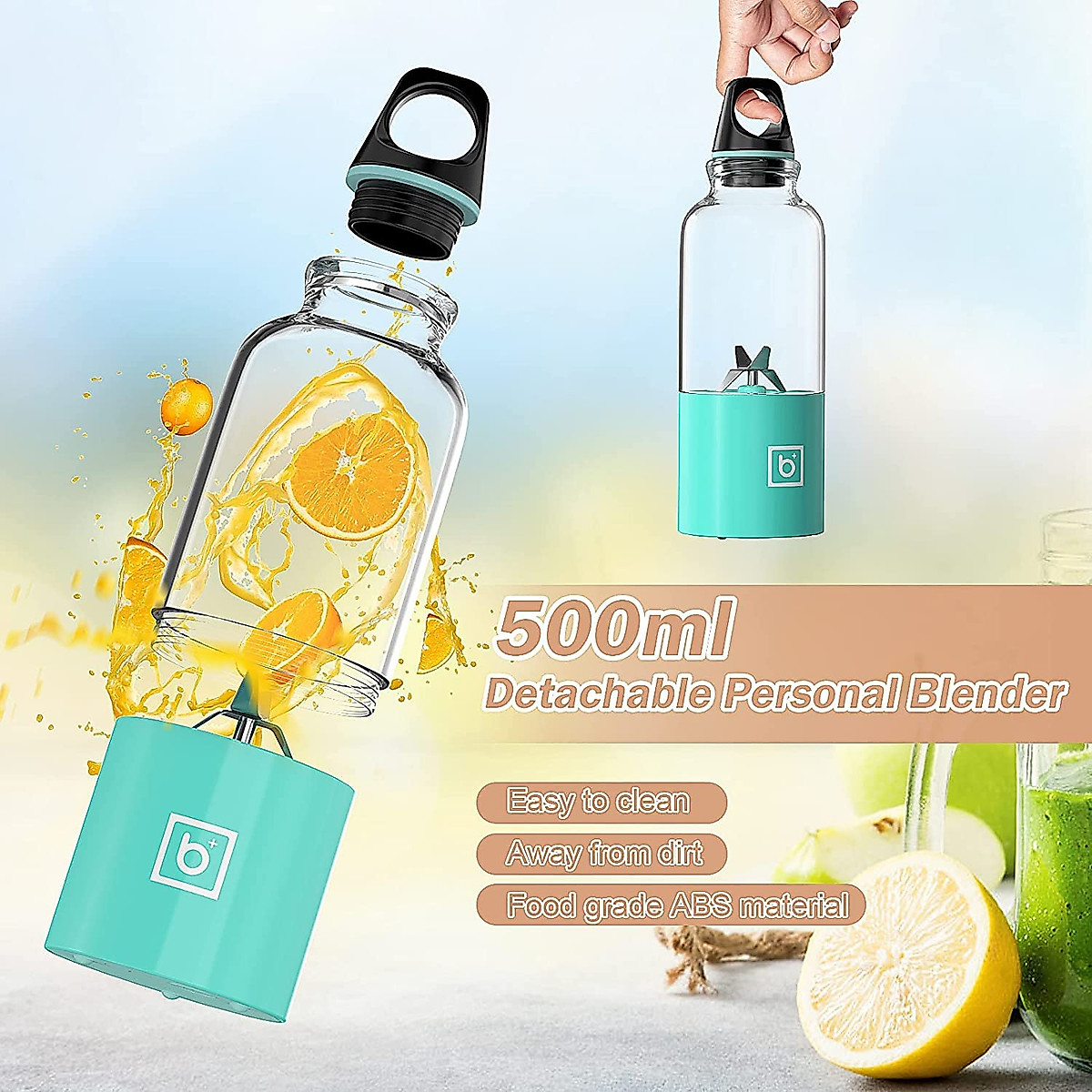 Portable Personal Mini Smoothie Blender: USB rechargeable battery operated bottle blender, Neon blue