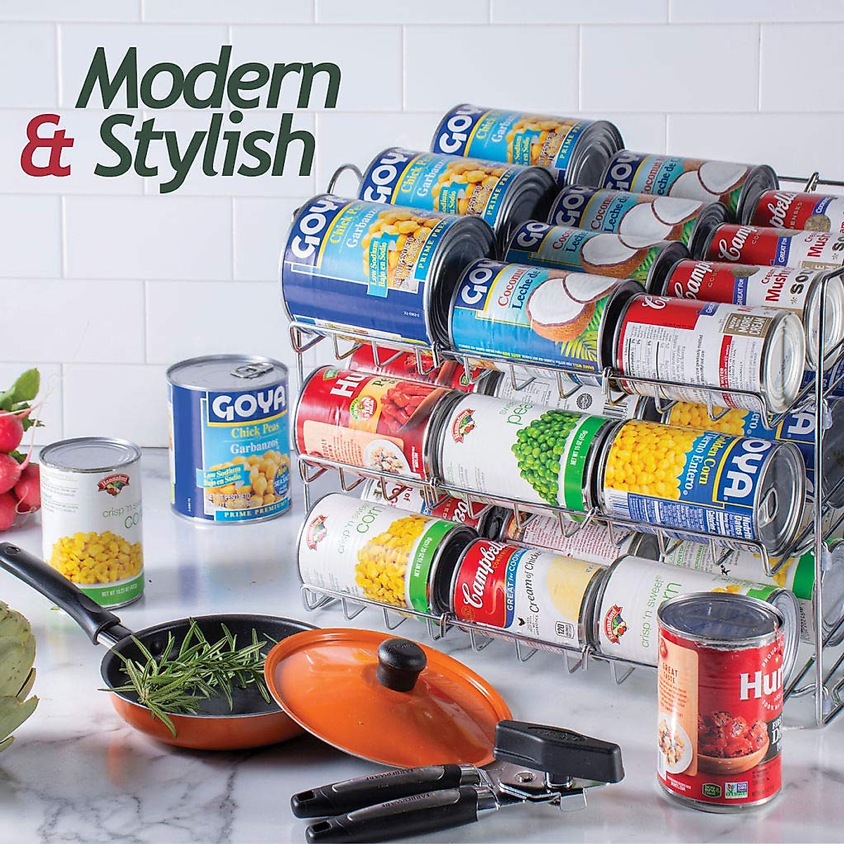 Sagler Stackable Pantry Can Organizer - 3-Tier Soda Can Organizer - Multifunctional Chrome-Finish Can Rack Organizer for Up to 36 Cans - For Pantry, Kitchen Cabinet, Countertop, Under Sink - 17x13x13