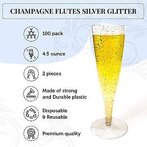 Oasis Creations Plastic Champagne Flute Glasses Set (100 count) 4.5 ounce - Silver Glitter Stem Cups -2 Pieces- Ideal for Birthday Party, Wedding Reception,Office Parties and other Celebrations!