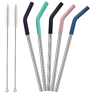 Senneny Set of 5 Stainless Steel Straws with Silicone Flex Tips Elbows Cover, 2 Cleaning Brushes and 1 Portable Bag Included (Silver)- 8mm diameter
