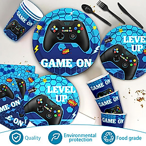 Gamer Birthday Decorations Video Game Birthday Decorations for Boys Game on Birthday Party Supplies Game Plates and Napkins Tablecloth Blue Gaming Party Decorations Men Kids Girls Level Up Party Decor