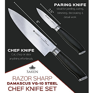 Saken Razor Sharp Damascus Steel 8” Chef Knife Set with 3.5" Paring Knife – Premium Japanese VG-10-67 Layers Folded Steel Kitchen Knives - Natural Non Stick - by Saken