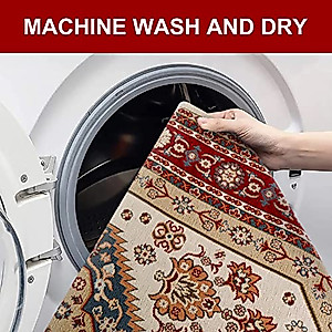 Traditional Collection Oriental Area Rug, 5’ x 6.6’ Non-Slip Washable Rugs for Living Room, Red Medallion Nursery Room Apartment Bedroom Rug Large Carpet for Dining Room Studio Office