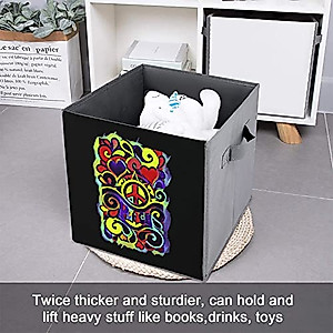 Hippy Art Peace Sign PU Leather Collapsible Storage Bins Canvas Cube Organizer Basket with Handles
