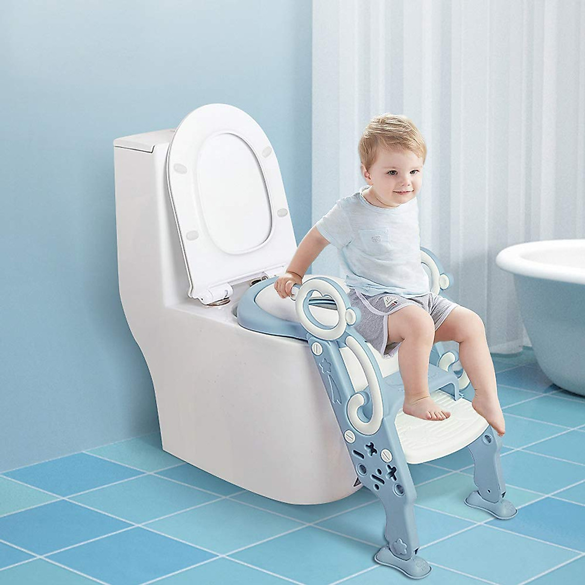 Potty Training Toilet Seat with Step Ladder Adjustable Toddler Toilet Seat with PU Cushion for Big Boys Potty Training Chair with Handle