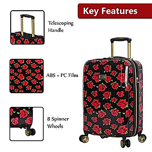 Betsey Johnson Designer 20 Inch Carry On - Expandable (ABS + PC) Hardside Luggage - Lightweight Durable Suitcase With 8-Rolling Spinner Wheels for Women (Covered Roses)