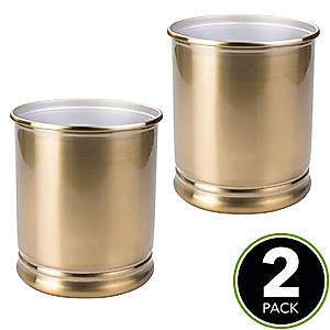 mDesign Steel Stylish Round Trash Can, Wastebasket Storage Container Bin - for Bathroom, Bedroom, Powder Room, Kitchen, Home Office - Holds Garbage, Waste, Trash - 2 Pack - Soft Brass