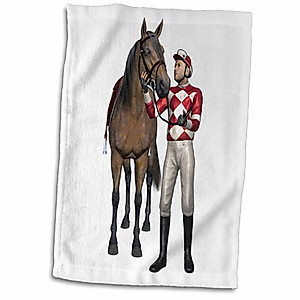 3D Rose Racing Horse and Red and White Jockey from The Front Hand Towel, 15" x 22", Multicolor
