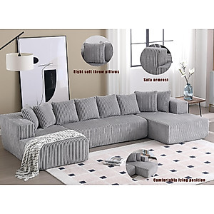 VnndeNest 131" Modular Sectional Couch, Comfy Corduroy Striped Fabric Floor Sofa, Luxury U-Shape Sectional Sofa with Chaise Lounge, Free Combination Sleeper Sofa for Living Room, Apartment, Grey